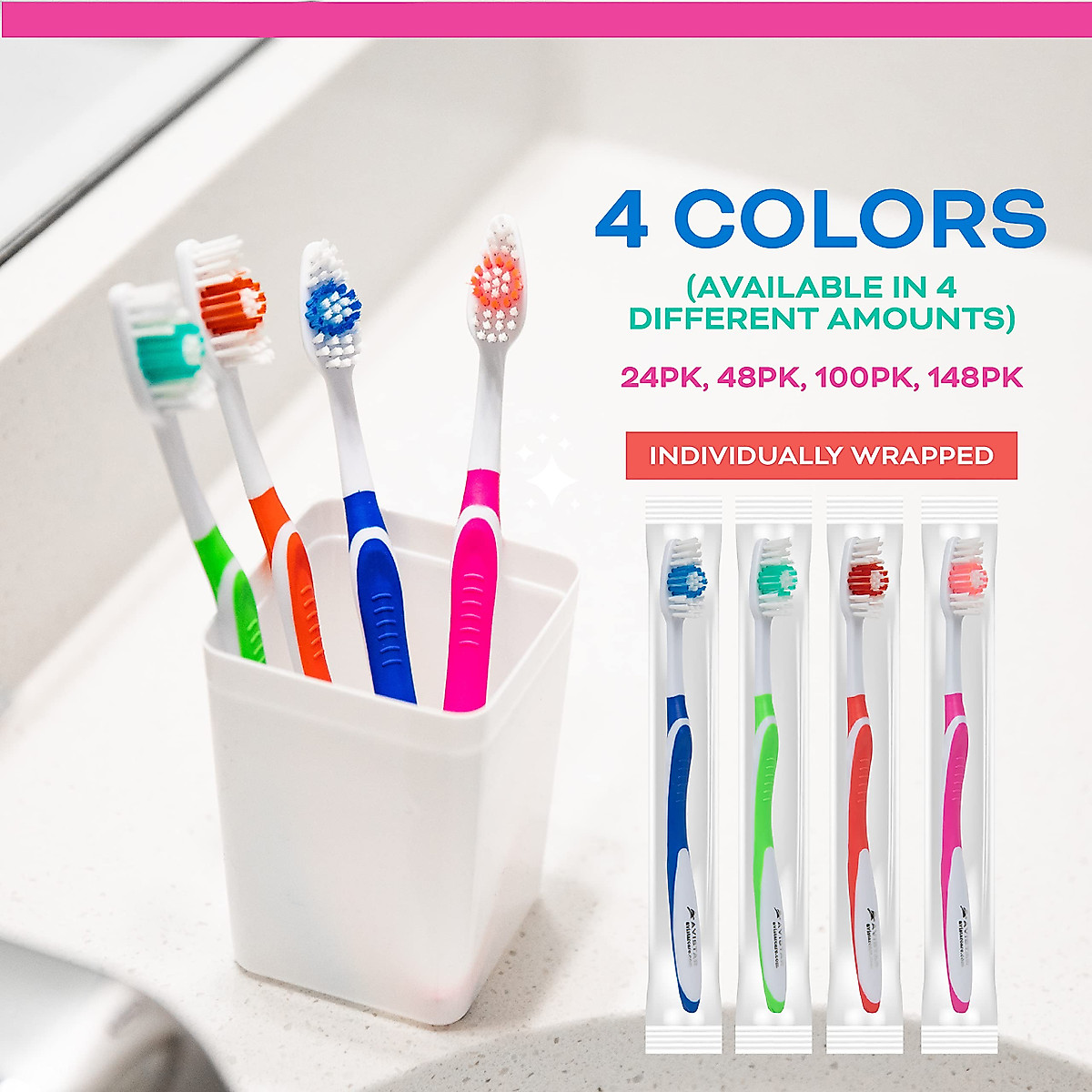 148 Individually Packaged Quality Large Head Medium Bristle Disposable Bulk Toothbrushes - Multi Color Pack - Convenient & Affordable - for Travel, Hotels, Airbnb, Relief Missions, Donations & More
