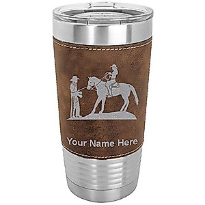LaserGram 20oz Vacuum Insulated Tumbler Mug, Cowgirl Roping a Man, Personalized Engraving Included (Faux Leather, Rustic)
