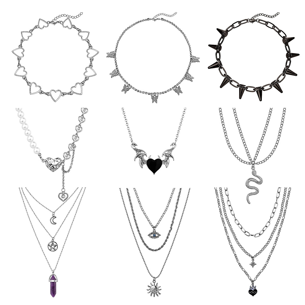 Sanfenly 9Pcs Y2k Goth Necklaces Gothic Jewelry For Women Men Emo Grunge Cool Punk Vintage Necklace Jewelry Chain Layered Pendant Choker Moon Pentagram Spike Butterfly Snake Heart Wing Necklace Set