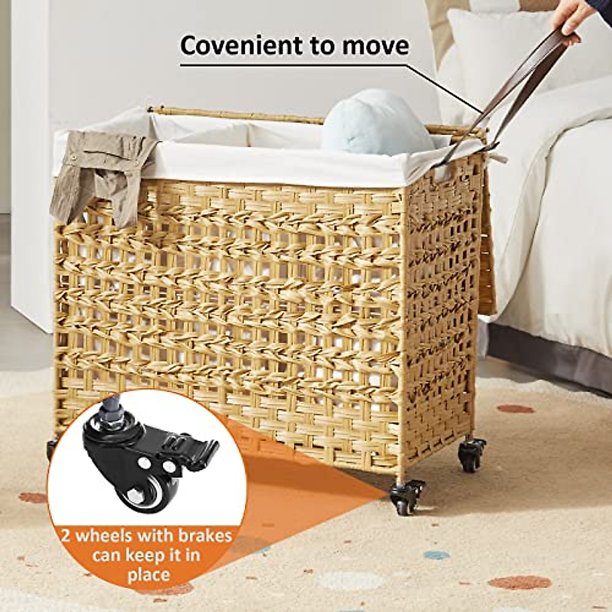 Fiona's magic 140L Large Laundry Basket with Wheels, Laundry Hamper with Lid and Removable Bags, Dirty Clothes Hamper 3 Section for Bedroom, Handwoven Rattan Wicker, Brown