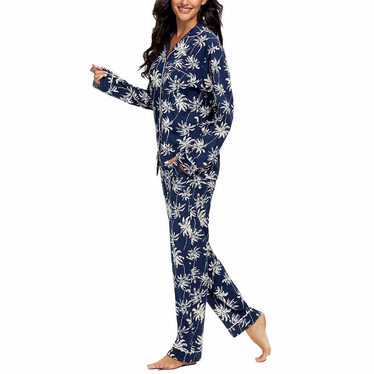 Tugege Pajamas Set Long Sleeve Sleepwear Women Button Down Nightwear Pj Lounge Sets (Deep Blue Coconut, Large)
