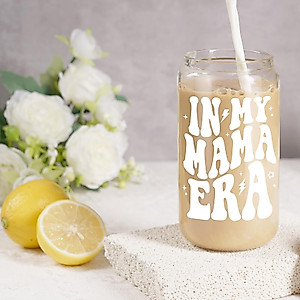 Coolife in My Mama Era Coffee Glass Cup - Best Mom, New Mom Gifts, Cute Mother Mama Gifts - Christmas, Birthday Gifts for New Mom after Birth - 16 oz Mom Cup Mama Glass Tumbler w/Straw Lid