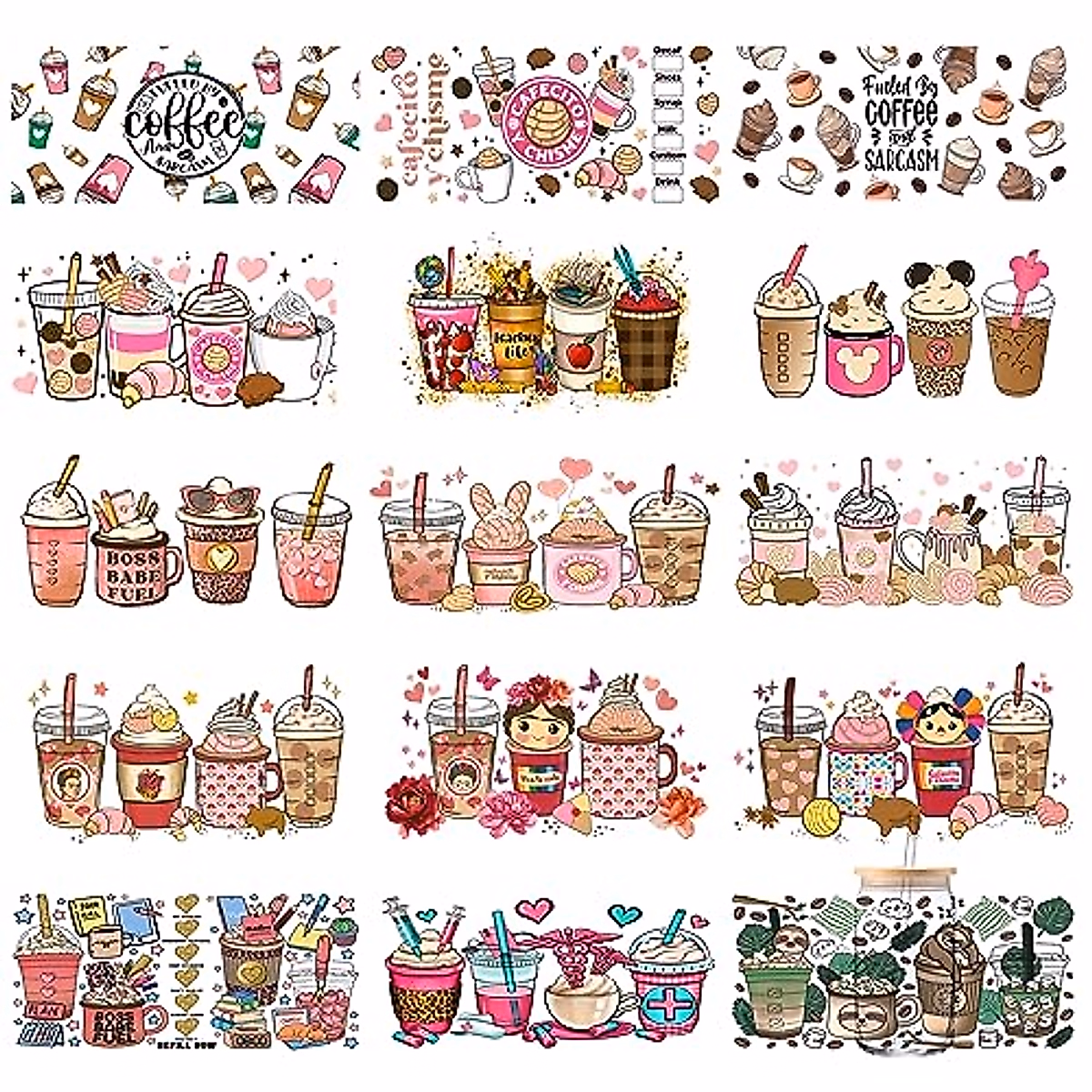 ArtCentury UV DTF Cup Wrap, 15 Sheets Cup Theme Rub on Transfers for Crafting 16OZ Libbey Glass Cups Wrap Transfer Stickers Decals Waterproof Crafts Vintage UV DTF Cup Wrap
