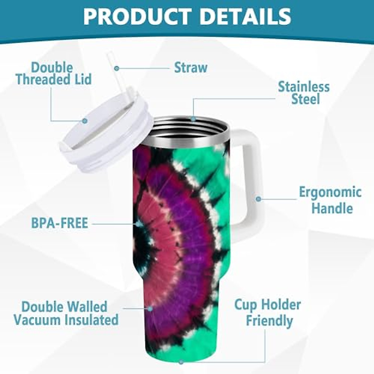 40 Oz Tie Dye Spiral Insulated Water Tumbler with Lid and Straw, Stainless Steel Tumbler