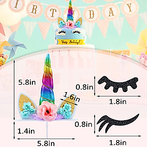 Unicorn Cake Topper Handmade Rainbow Horn Unicorn Cake Topper Unicorn Happy Birthday Party Decoration Supplies Magic Reusable Cake Topper with Eyelashes and Stack for Girls Kid Women, 5.8 Inch