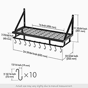 Kitchen 24 Inches Wall Mounted Pot Pan Rack Wall With 10 Hooks, Matte Black KUR215S60-BK