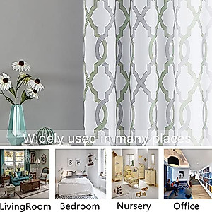 Geometric Semi Sheer Window Curtain Panel Pairs with Moroccan Grey and Green Trellis Print Canvas Fabric for Kids Room Grommet Top Long Window Drapes for Living Room Bedroom, 54×95 Inch, Grey/ Green