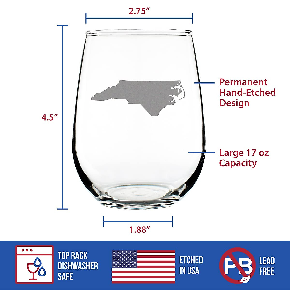 North Carolina State Outline Stemless Wine Glass - State Themed Drinking Decor and Gifts for North Carolinian Women & Men - Large 17 Oz Glasses