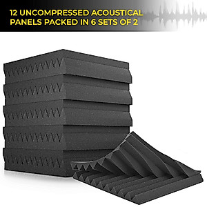 Siless 12 Pack Acoustic Panels 1 X 12 X 12 Inches - Acoustic Foam - Studio Foam Wedges - High Density Panels - Soundproof Wedges - Charcoal