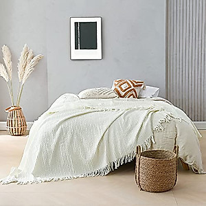 100% Cotton Throw Blanket, Waffle Woven Cream White Thin Decorative Blanket with Fringe, Rustic Pre-Washed Soft, Cozy, Light Weight Blanket for Couch, Travel, Farmhouse Boho Style Throw, 60'' x 80''