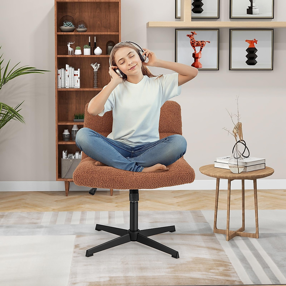 COSTWAY Cross Legged Office Chair, Armless Wide Seat Swivel Desk Chair No Wheels, Height Adjustable Mid Back Computer Task Chair, Modern Faux Lamb Fleece Vanity Chair for Home Office (Brown)