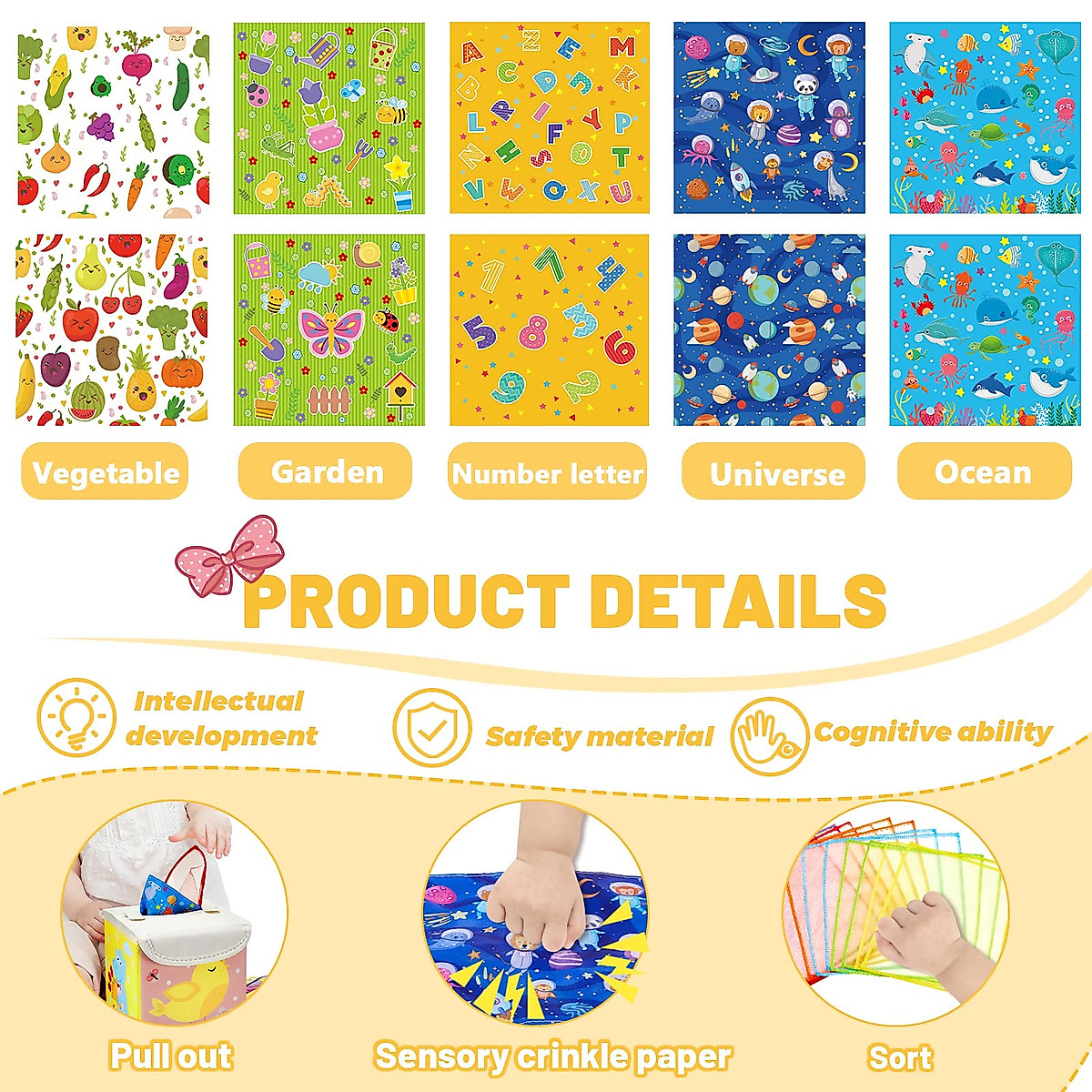 Civaner Baby Tissue Box Toy Montessori Toys for Babies 6-12 Months Cute Crinkle Soft Infant Sensory Toys for Baby Toddlers Boys Girls Educational Sensory Early Learning Gifts