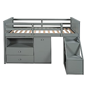 Twin Loft Bed for Kids, Low Study Wooden Loft Bed Frame with Movable Portable Desk and Storage Steps, Low Loft Bed for Kids, Teens (Gray)