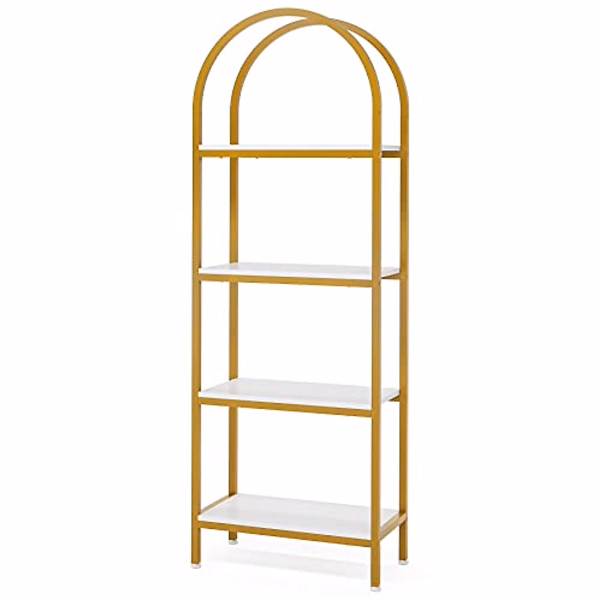 LITTLE TREE 4-Tier Arched Bookshelf, Tall Open Bookcase Storage Shelves, Wood Metal Freestanding Display Rack Tall Shelving Unit for Home Office, Bedroom, Living Room, White & Gold