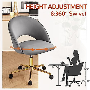 Furniliving Velvet Home Office Chair, Cute Desk Chair Swivel Armchair Upholstered Task Chair with Gold Metal Base, Vanity Chair Adjustable Computer Chair Makeup Chair for Living Room (LightGrey)