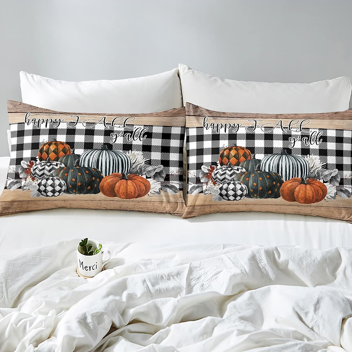 Fall Pumpkins Thanksgiving Bedding Set King Black White Buffalo Plaid Bedding Duvet Cover Rustic Farmhouse Wooden Board Comforter Cover For Adults Women Men Happy Autumn Fall Bed Set Brown 3 Pcs