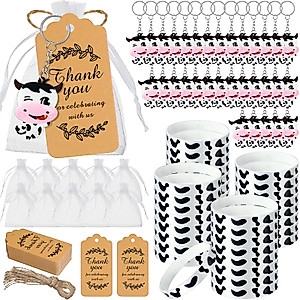Sasylvia 144 Pcs Cow Party Supplies Include 36 Sets Cow Keychain Thanks Kraft Tags Rubber Bracelets White Organza Bags Cow Party Favors Cow Themed Party Decorations for Baby Shower Girl Boy