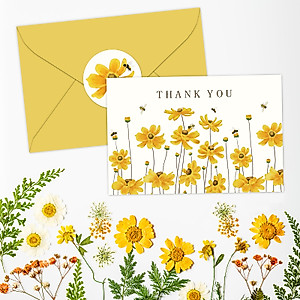 Whaline 24Pcs Floral Thank You Cards Flower Blank Greeting Cards Yellow Calliopsis Bee Note Cards with Envelopes Adhesive Stickers for Wedding Birthday Baby Shower Party Supplies, 4 x 6 Inch