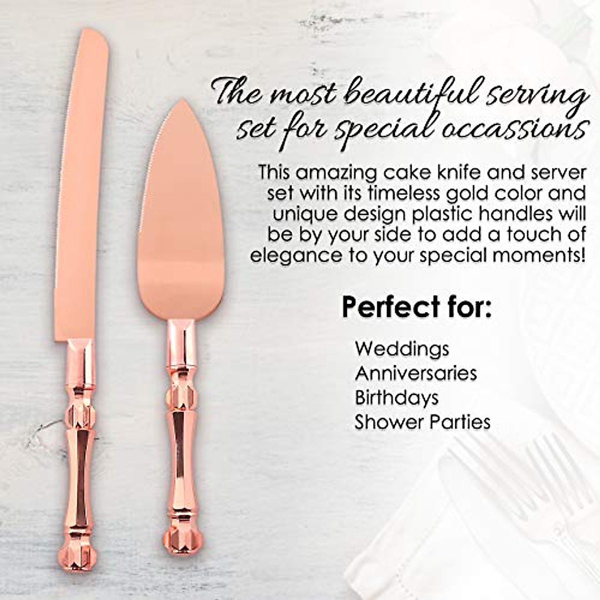 Homi styles Wedding Cake Knife and Server Set | Rose Gold Color Premium 420 Stainless Steel Gold Plated Blades | Cake Cutting Set for Wedding Cake, Birthdays, Anniversaries, Parties