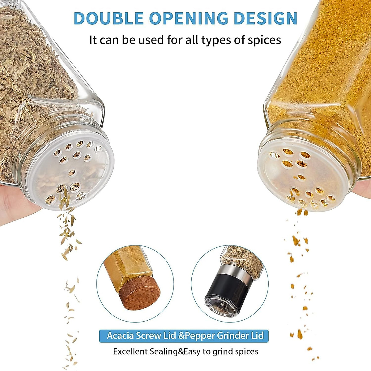 Yangbaga 24Pcs Glass Spice Jars with Labels，4oz Empty Square Spice Bottles with acacia wood lid & Shaker Lids and Silicone Collapsible Funnel Included