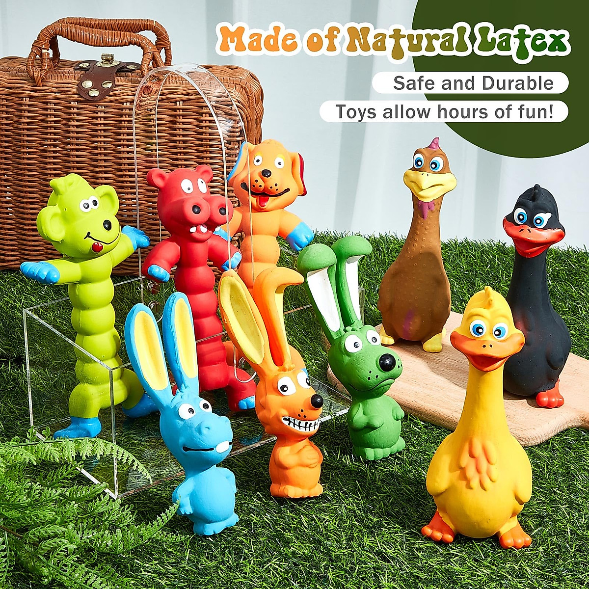 Wettarn 9 Pack Latex Squeaky Dog Toys 7 Inch Soft Rubber Dog Chew Toy Animal Standing Stick Puppy Fetch Interactive Play Assorted Animal Accessories for Small Medium Large Pet(Classic)