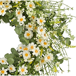 LSKYTOP 24 Inches Artificial Daisy Flower Wreath with Eucalyptus Leave Silk Flower White Berries Spring Summer Wreath for Front Door Wall Decor