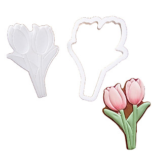 Mothers Day Fondant Embosser Tulips Shape 3D Design Cookie Stamp for Baking Cookies Decorating, Fondant Cookie Cutters (Double tulips)