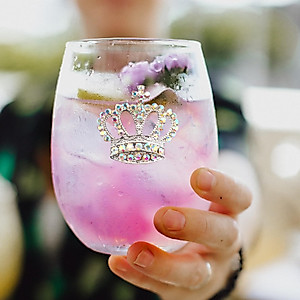 THE QUEENS' JEWELS Large Crown Jeweled Stemless Wine Glass, 21 oz. - Unique, Birthday, Cute, Fun, King, Queen, Not Painted, Decorated, Bling, Bedazzled, Rhinestone