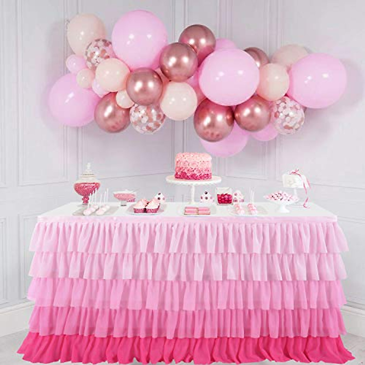 Besutolife Pink Table Skirt Tutu Ruffled Tablecloth for Rectangle Table 6ft Baby Shower Birthday Party Unicorn Home Gradient Pink Table Decor