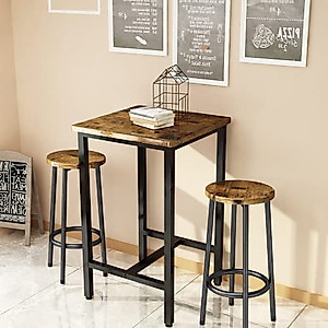 AWQM 3-piece Dining Table and Chairs Set for Small Space, Bar Set with 1 Square Table and 2 Round Stools, Coffee Table Set for 2, Breakfast Table with Footrest for Kitchen, Restaurant, Dinette (Brown)