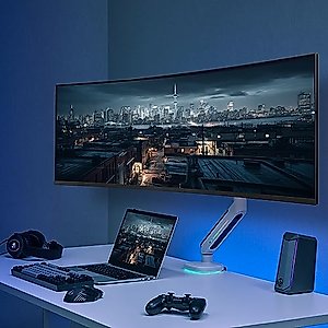 AVLT Single 27”-45” RGB Gaming Monitor Arm Desk Mount Built-in 20 Lighting Modes Touch Button Control Fits Flat/Curved/Ultrawide Monitor Height Swivel Tilt Rotation Adjustable Monitor Stand -White