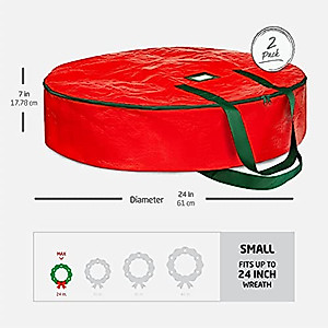 ZOBER Christmas Wreath Storage Bag - Water Resistant Fabric Storage Dual Zippered Bag for Holiday Artificial Christmas Wreaths, 2 Stitch-Reinforced Canvas Handles (Set of 2,24 Inch, Red)
