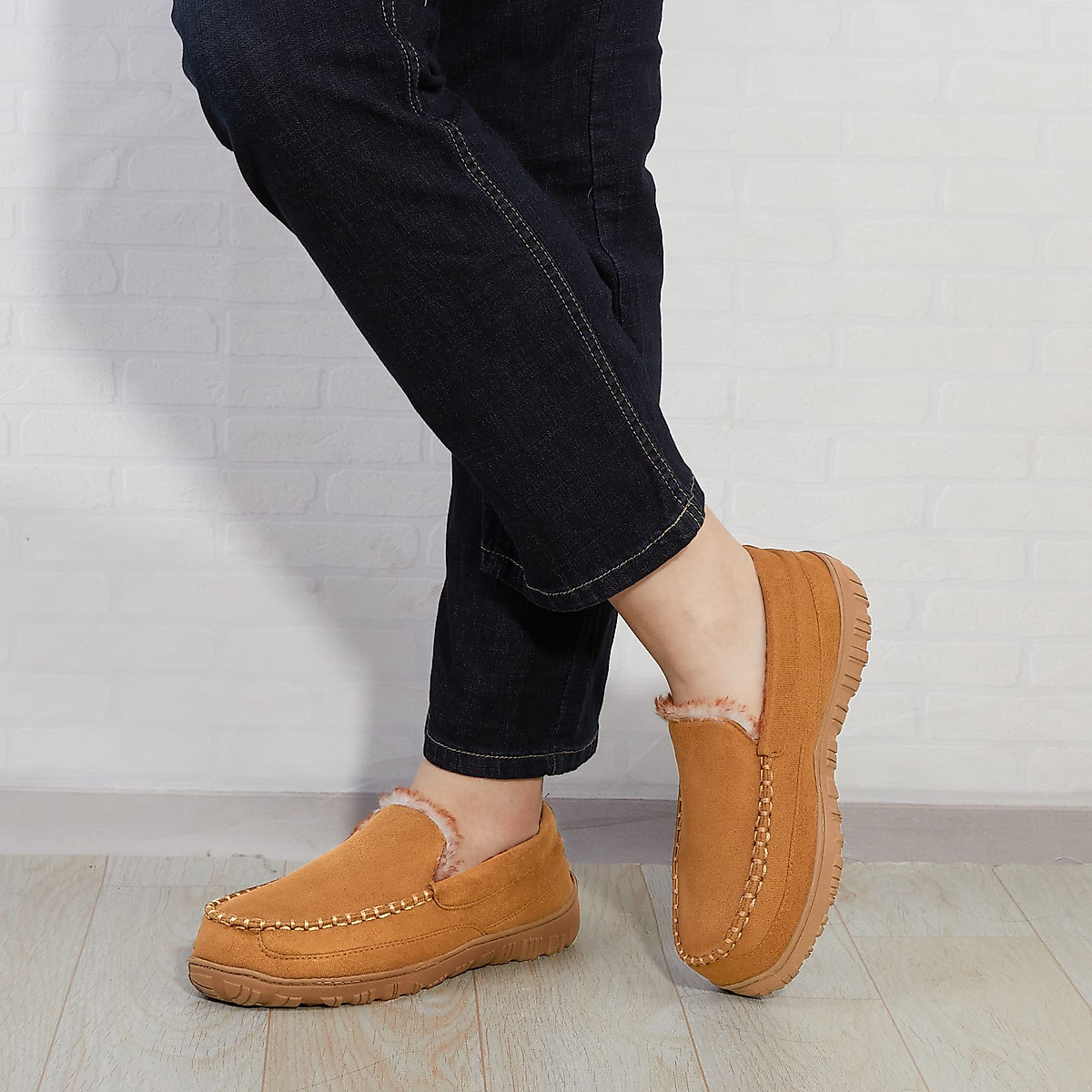 festooning Slippers for Men Mens Moccasin Slippers Fuzzy Memory Foam House Shoes Indoor Outdoor Rubber Sole Beige 10M