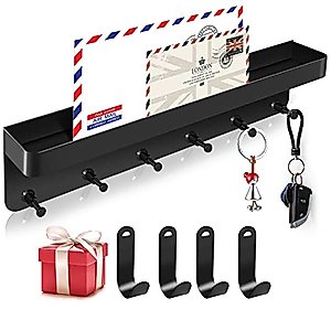 Mail and Key Holder for Wall Decorative, Key Hooks for Wall with 4 Towel Robe Hooks, Key Rack Key Hooks for Wall, Key Hanger Mail Holder for entryway, Hallway, Foyer, Closet, Kitchen, Office-Black