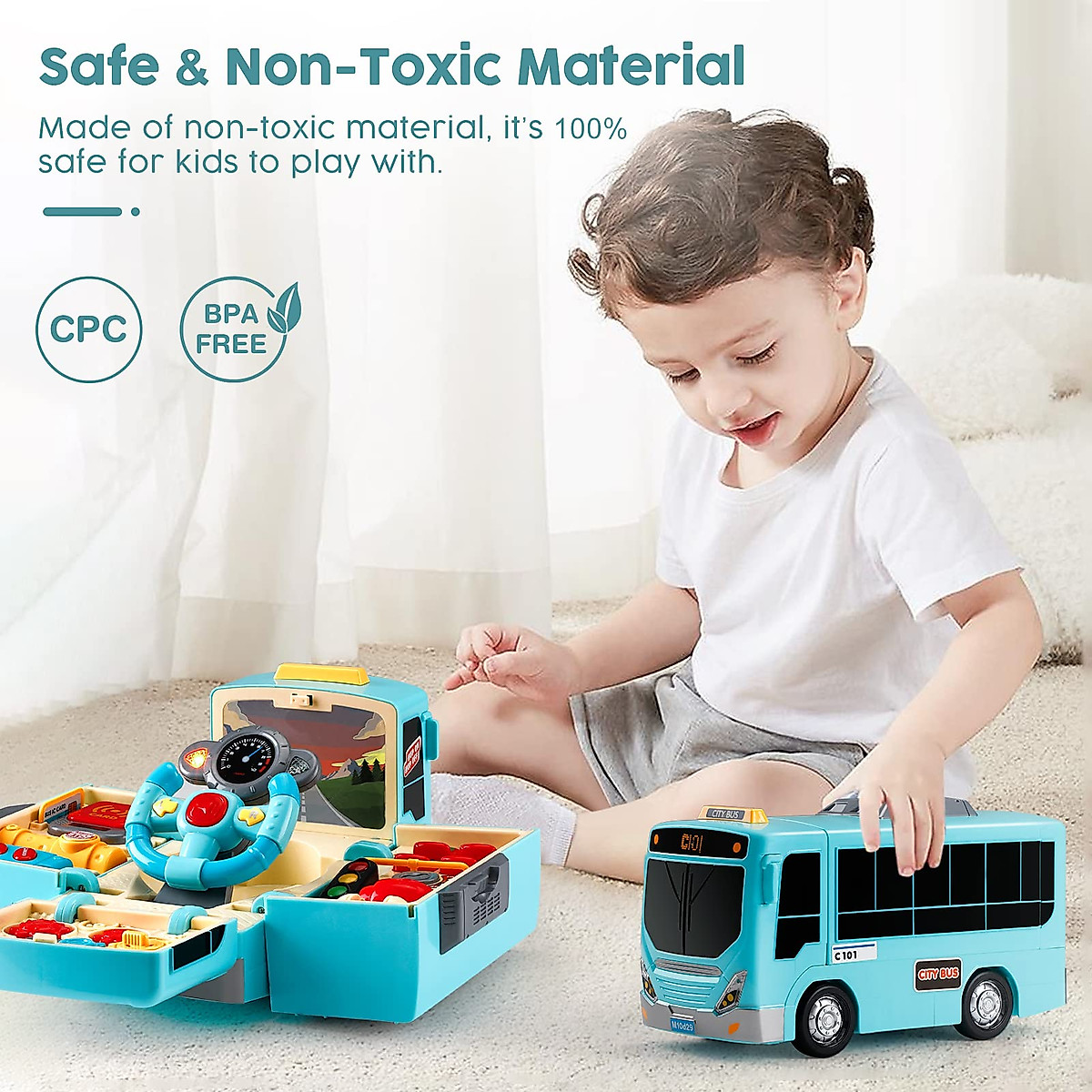 Joyibay Car Toy Bus for Toddlers - Simulation Steering Wheel School Bus Toys for Kids Educational Bus Driving Toy Musical Bus Transport Play Vehicles for Birthday and Easter Gift