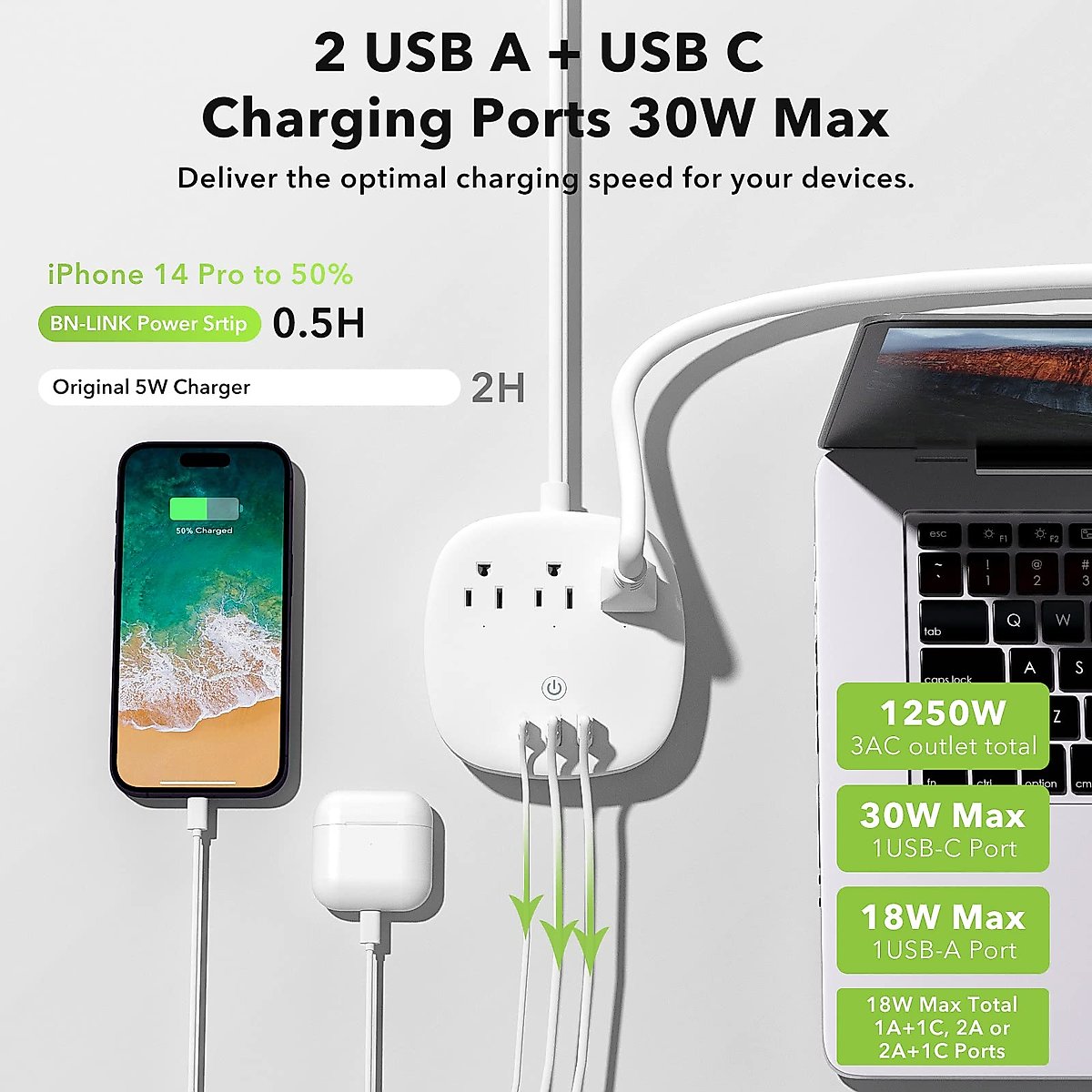 BN-LINK Smart Power Strip with 30W USB C Fast Charger, Individually Controlled Surge Protector Works with Alexa Google Home, Desktop Charging Station with 6 ft Extension Cord, for Home and Office