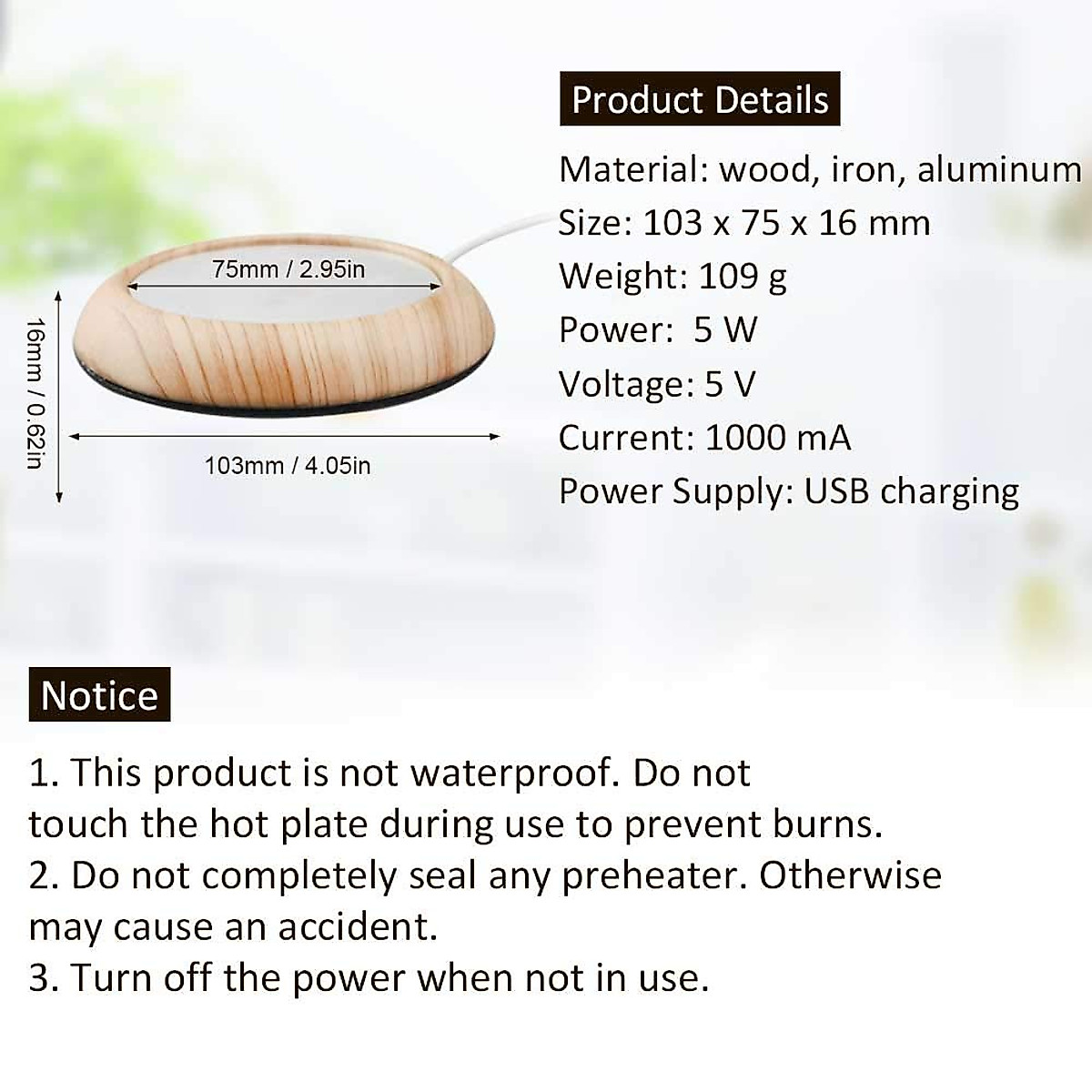 Creative USB Wood Insulation Grain Cup Heat Beverage Mug Mat Warmer Office Tea Milk Coffee Felt Heater Pad Coaster(Bright Wooden Grain)