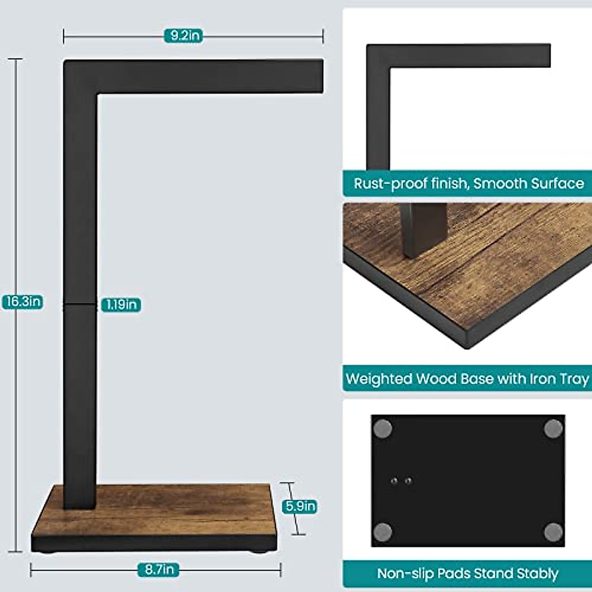 ELITEROO Hand Towel Holder for Bathroom, Hand Towel Stand with Wood Base, L-Shape Hand Towel Rack for Vanity Countertop, Kitchen Counter, Rustic Black and Brown