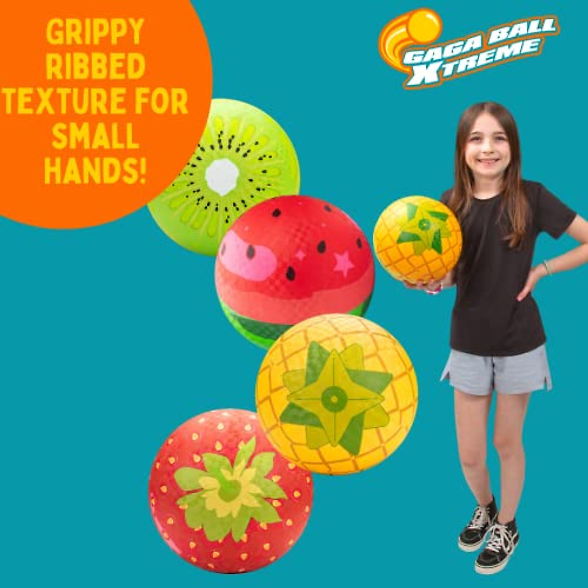 SCS Direct Gaga Fruit Themed Playground Balls (2pk) (8.5 inches) w Air Pump- Durable Grip Rubber Pack for Recess Dodgeball, Kickball, Gagaball Play & School -Fun Kids Summer Camp Outdoor Toys & Gifts