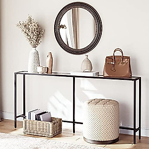 ALLOSWELL 70.9”L Console Table, Tempered Glass Sofa Table, Modern Entryway Table, Easy to Assemble, Steel Frame, for Living Room, Hallway, Black CTH18B01