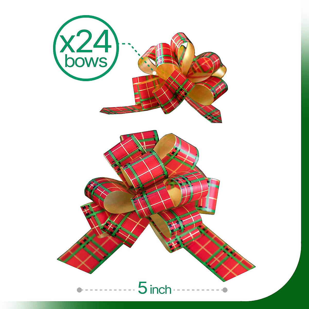 Eye-Catching Xmas Pull Bows for Easy Gift Wrapping with Ribbon - 5" Wide Wrap Bows for Christmas Tree Decoration, Holiday Décor, Present Wrapping, Baskets, Birthday, Easter - 12 Green & 12 Red Bows