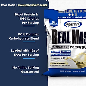 Gaspari Nutrition Real Mass, Advanced Weight Gainer, High Protein, Gycofuse Carbs, and Creatine Monohydrate, Modern Formulation for Mass (12 Pounds, Vanilla Milkshake)