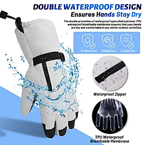 Ski Gloves Waterproof Touchscreen for Men Women Winter Snow Snowboard Gloves Warm Thermal 3M Thinsulate Insulated White Snowmobile Gloves with Pocket for Extreme Cold Weather Outdoor Windproof Large