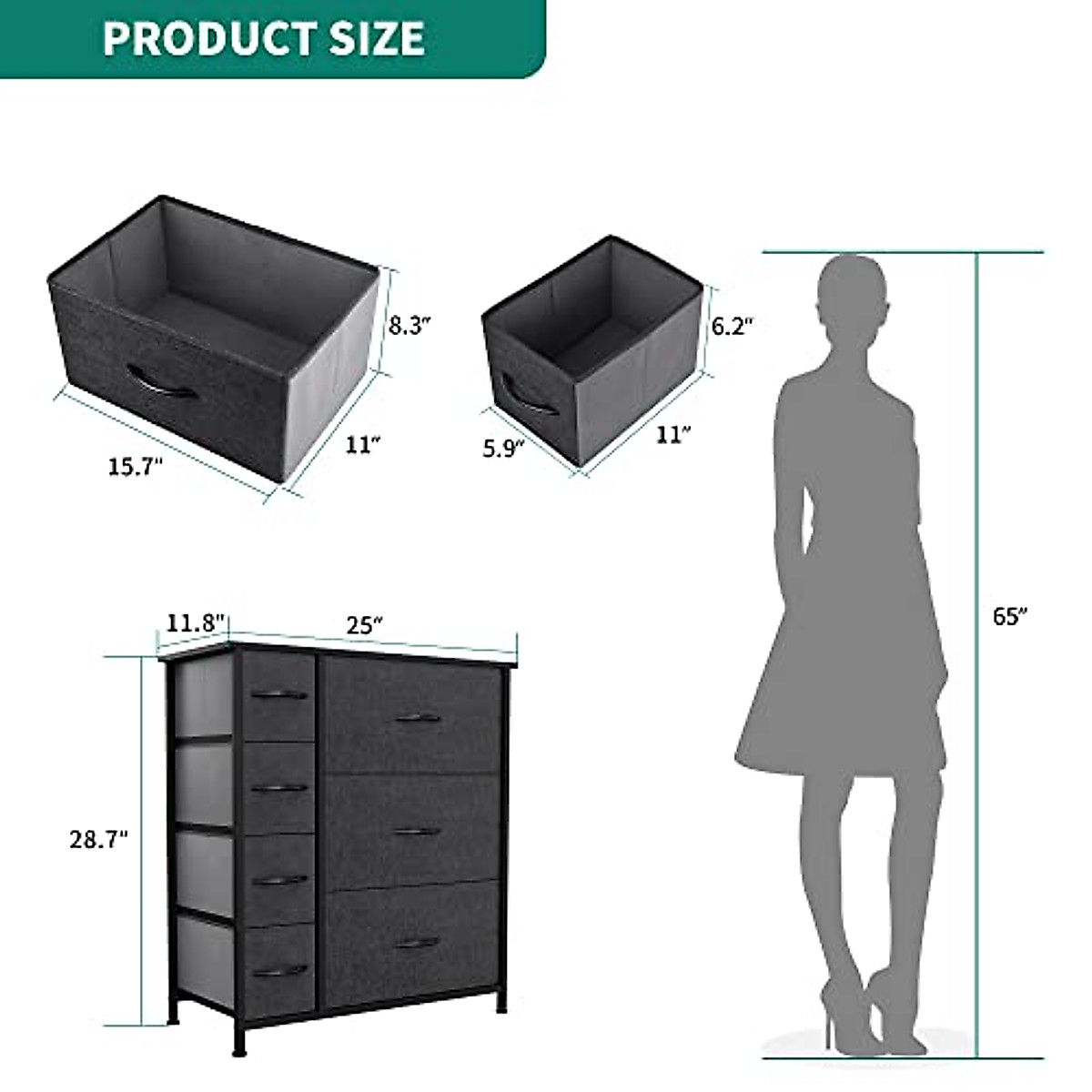 YITAHOME 7 Drawers Dresser- Fabric Storage Tower, Organizer Unit for Bedroom, Living Room, Hallway, Closets& Nursery- Sturdy Steel Frame, Wooden Top& Easy Pull Fabric Bins (Black/Grey)