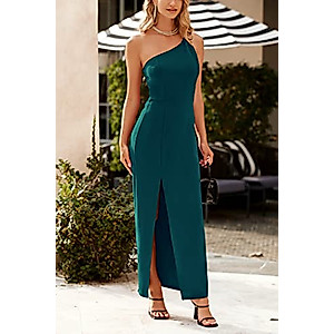 PRETTYGARDEN Women's Summer Formal Wedding Guest Dresses One Shoulder Spaghetti Strap High Slit Maxi Bodycon Dress (Cyan,Small)