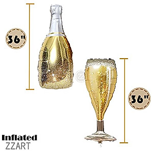 ZZART 4 Pcs Large Mylar Foil Helium Balloons Champagne Bottles and Goblet Wine Glasses, Golden pop Decoration for Party, Birthday celebration, Anniversary Graduation