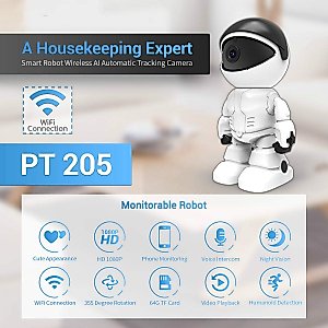 2MP 1080P HD 2.8MM Lens Security Robot Camera WiFi Wireless IR 10M Motion Detection Auto Tracking Built-in Microphone AI Humanoid Detection PTZ IP Camera Day/Night Vision