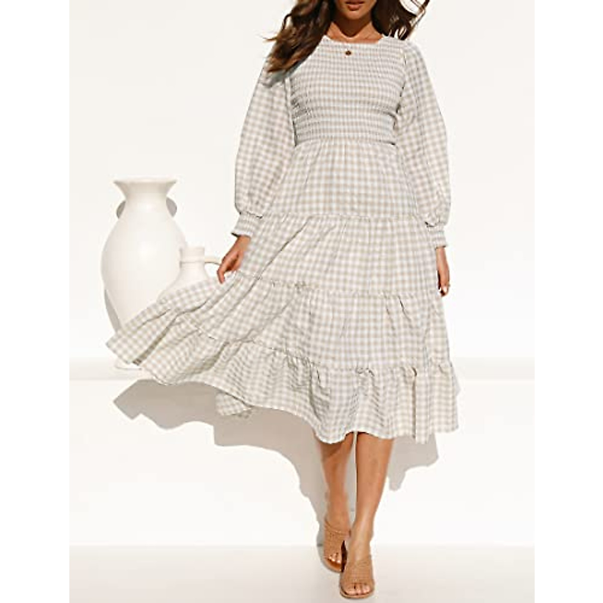 ZESICA Women's Casual Plaid Crew Neck Long Puff Sleeve Elastic Waist Smocked Flowy Tiered Midi Dress,Beige,Medium