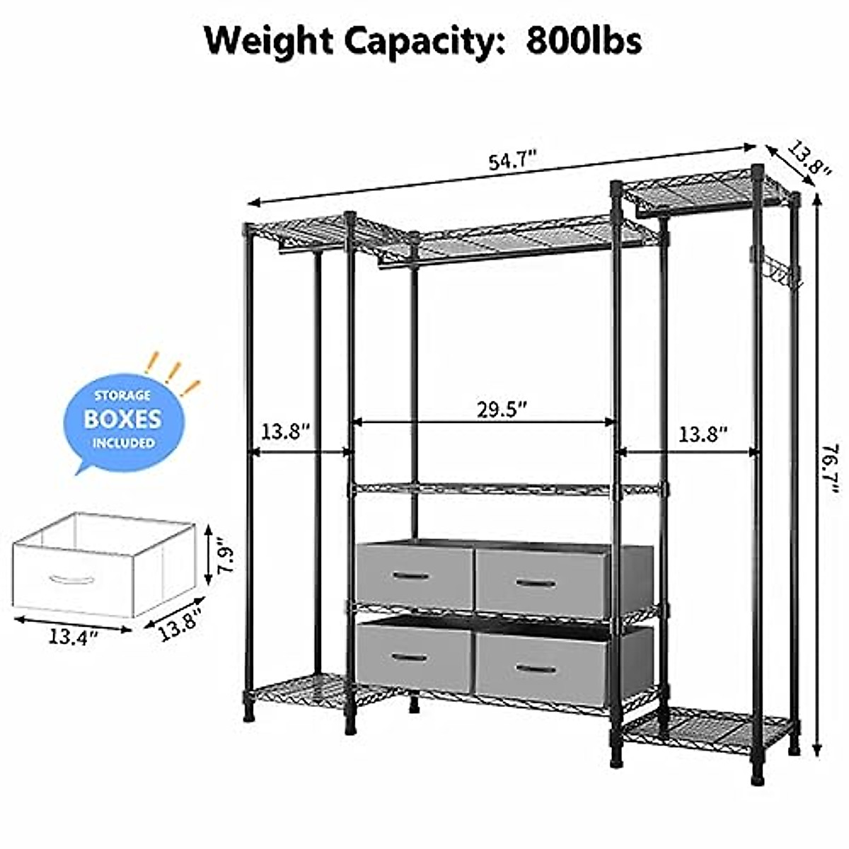 Wekity Wire Garment Rack Heavy Duty Clothes Rack，Closet Organizer Metal Garment Rack Portable Clothes Hanger Home Shelf Fabric Drawers，Freestanding Closet Wardrobe (Black)