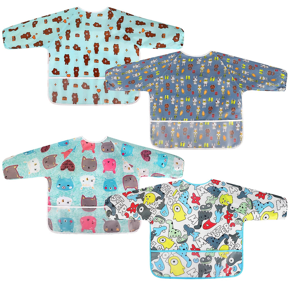 Accmor 4 Pcs Baby Long Sleeve Bibs, Waterproof Baby Bibs with Pocket, Toddler Sleeved Bib, Baby Smock for Eating Feeding, 24-36 Months